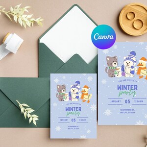 Winter Party Invitation Cute Kids Snow Theme With Animals ...