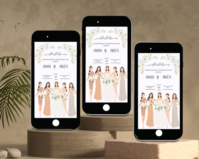 Elegant Floral Wedding Invitation With Bridesmaids Illustration Wedding Invitation,elegant ...