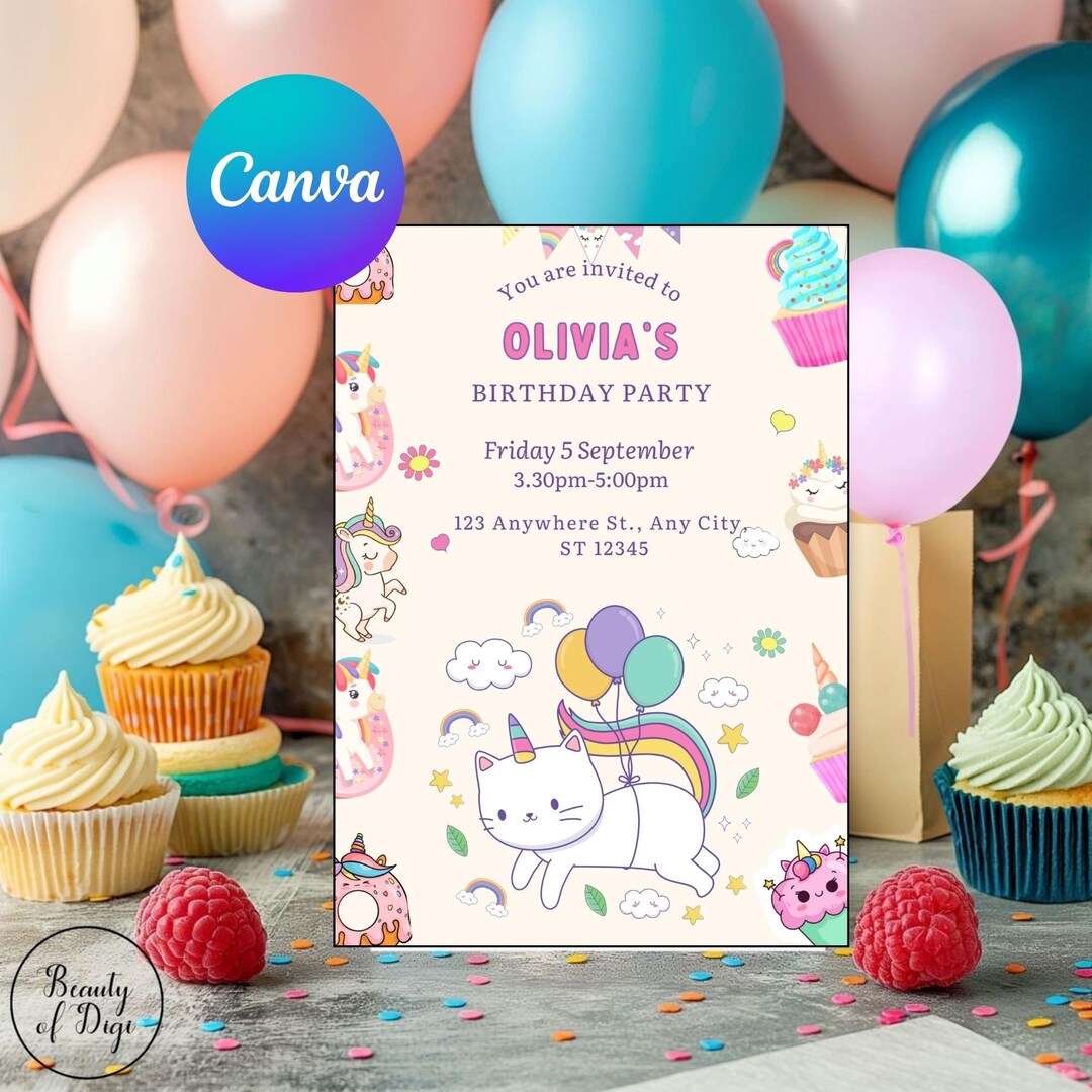 Editable Unicorn Cat Birthday Invitation, Pastel Rainbow Party Template ...