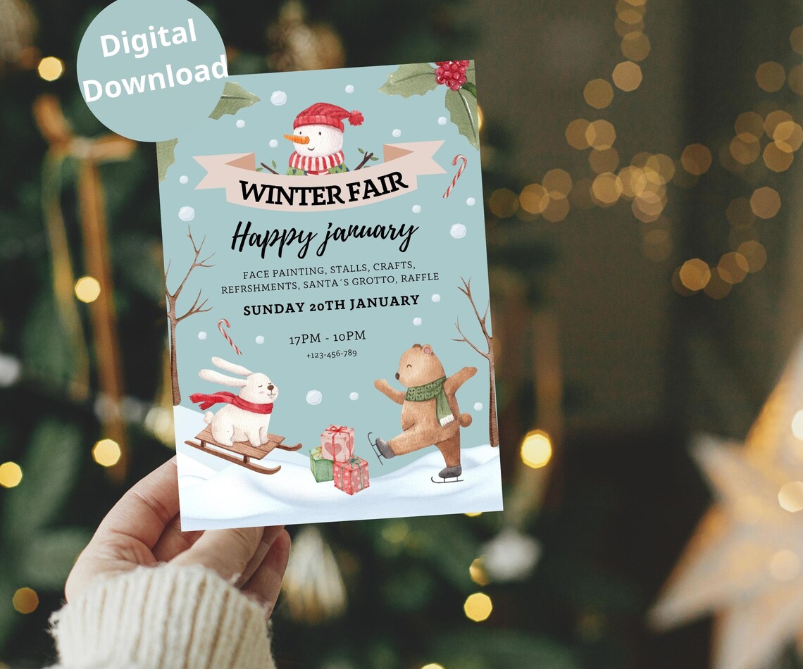 Winter Fair Invitation Flyer: Watercolor Animals, Editable Canva ...