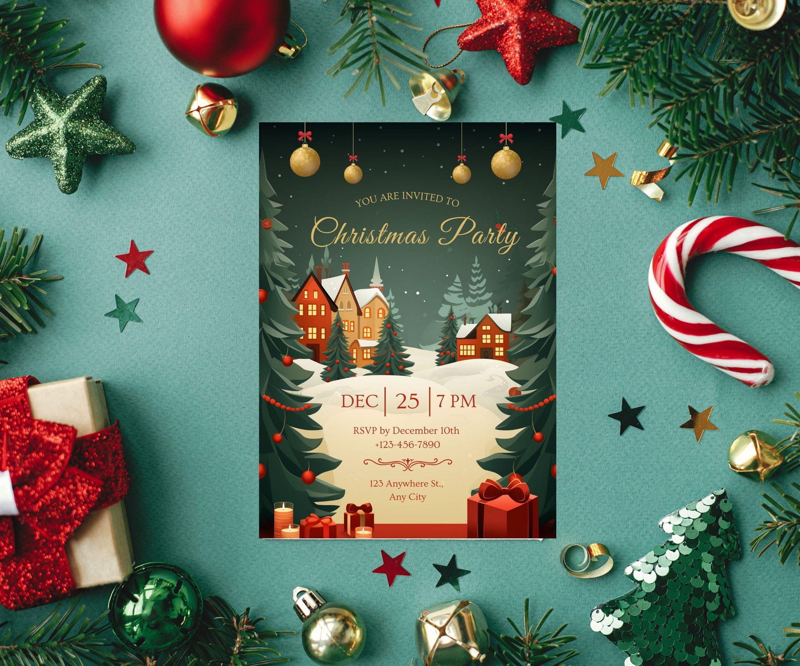 Festive Christmas Party Invitation: Winter Village Design (digital ...