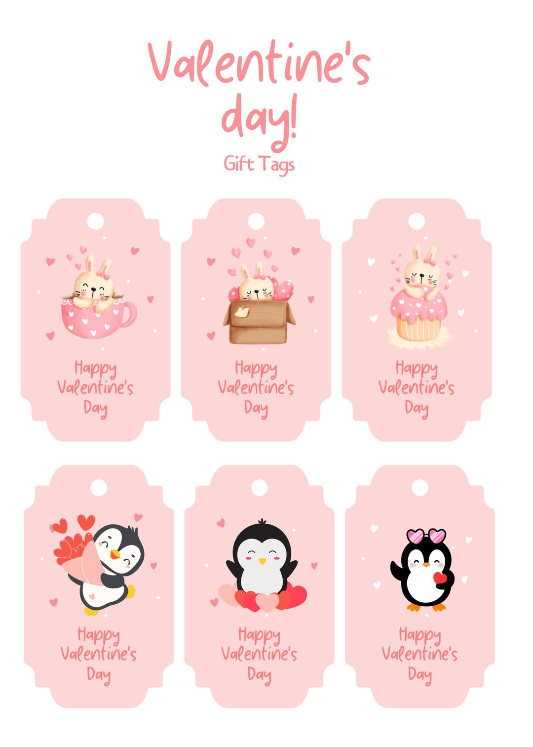 Valentine's Day Gift Tags, Bunny & Penguin, Printable (editable Canva ...