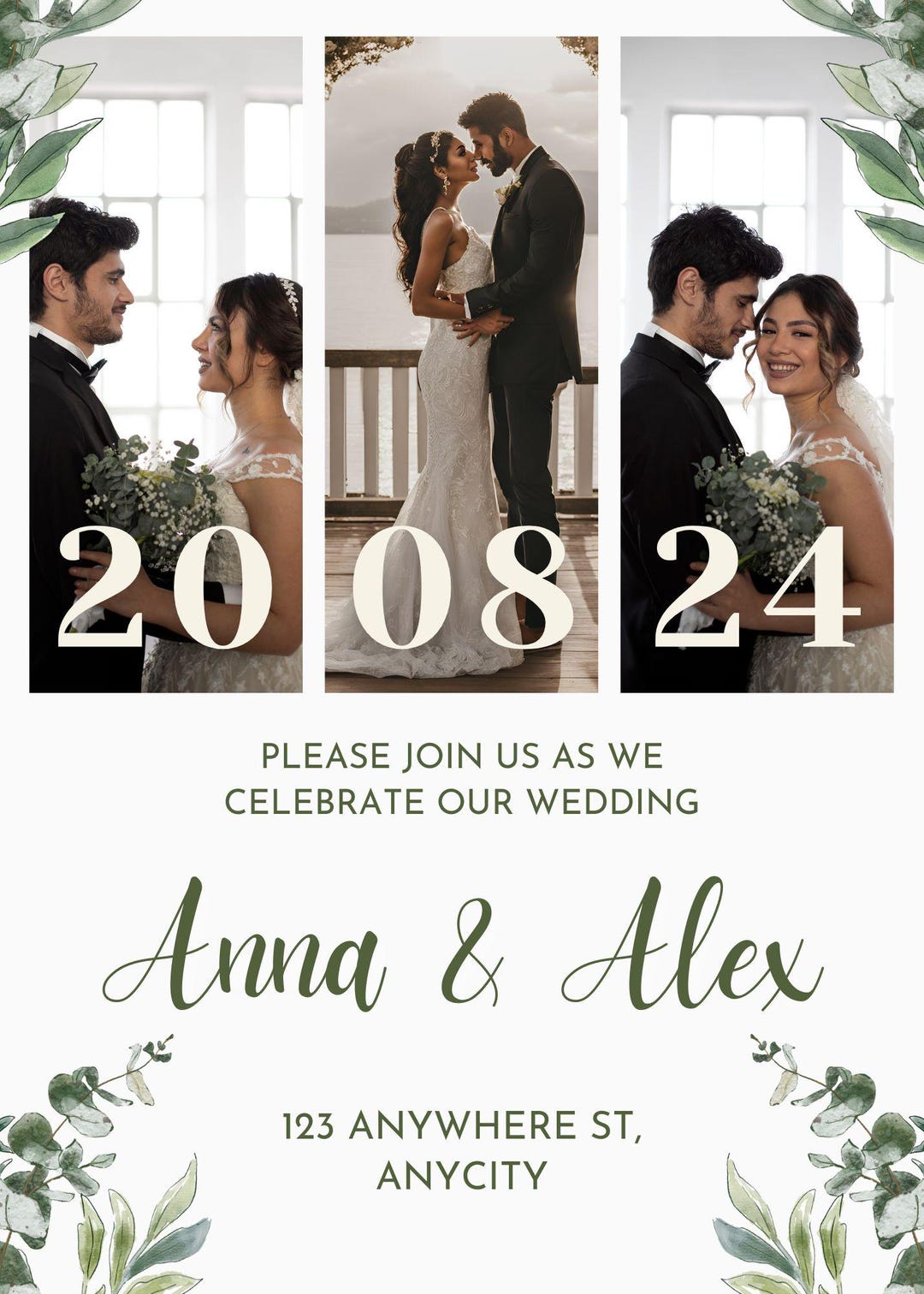 Elegant Greenery Wedding Invitation With Personalized Photos Modern ...