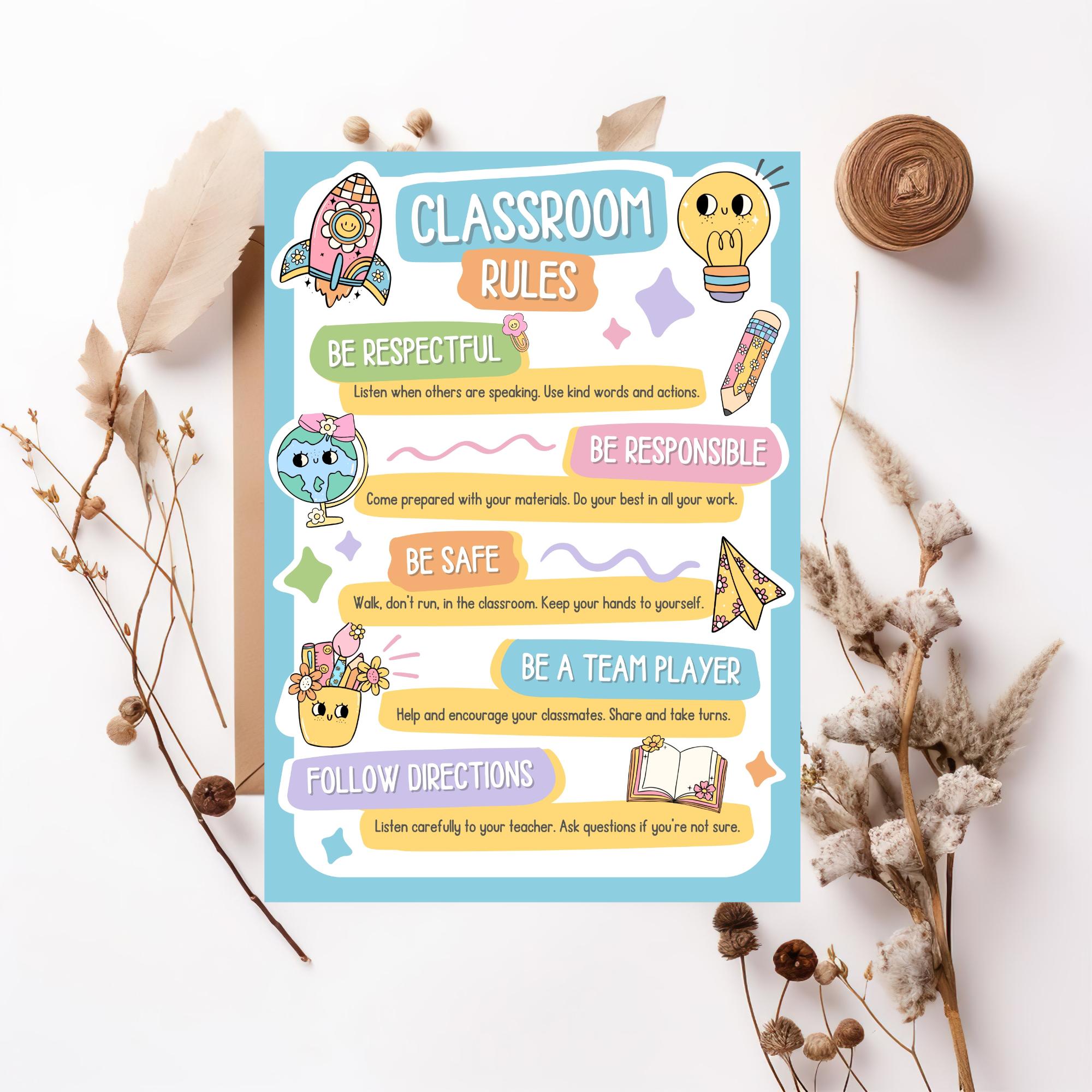 Colorful Classroom Rules Poster for Kids, Cute Motivational Wall Art ...