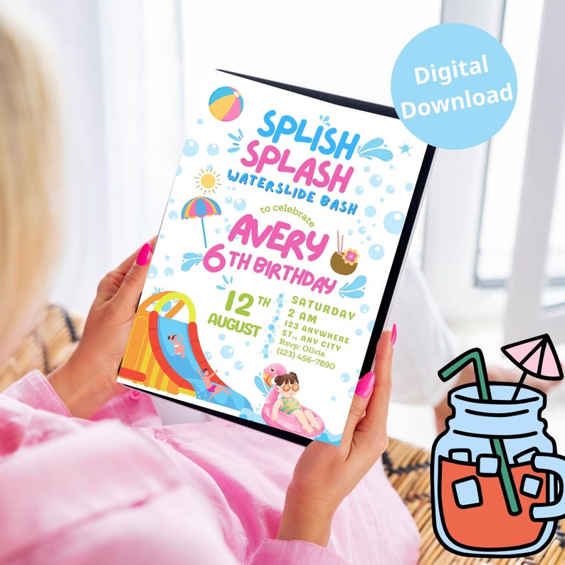 Colorful Waterslide Birthday Invitation for Kids, Pool Party Splish Splash Bash Invite for Girl ...