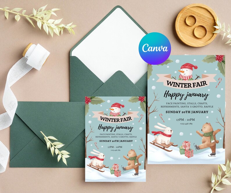 Winter Fair Invitation Flyer: Watercolor Animals, Editable Canva ...