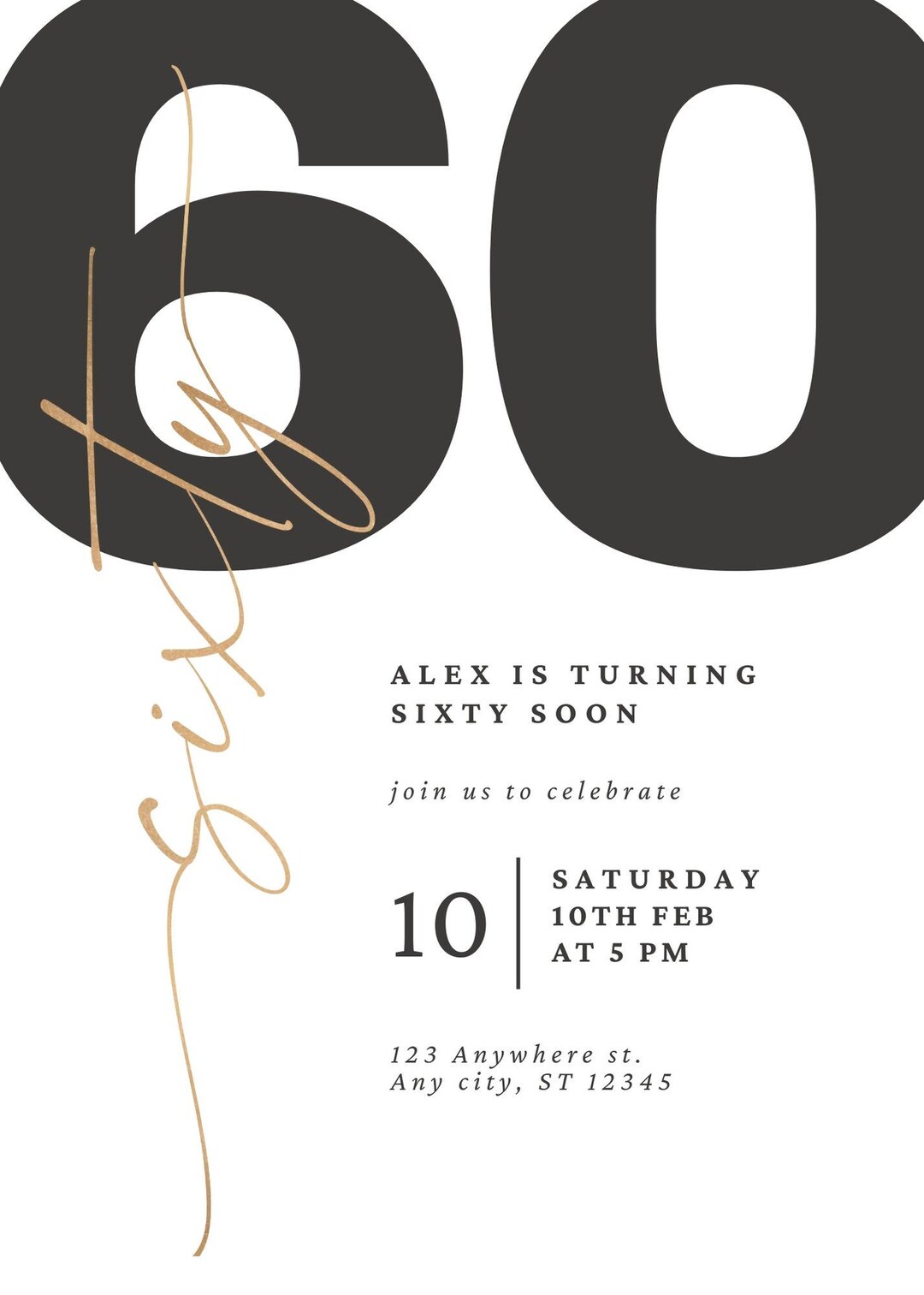 Elegant 60th Birthday Invitation With Gold Calligraphy Sixty Birthday ...