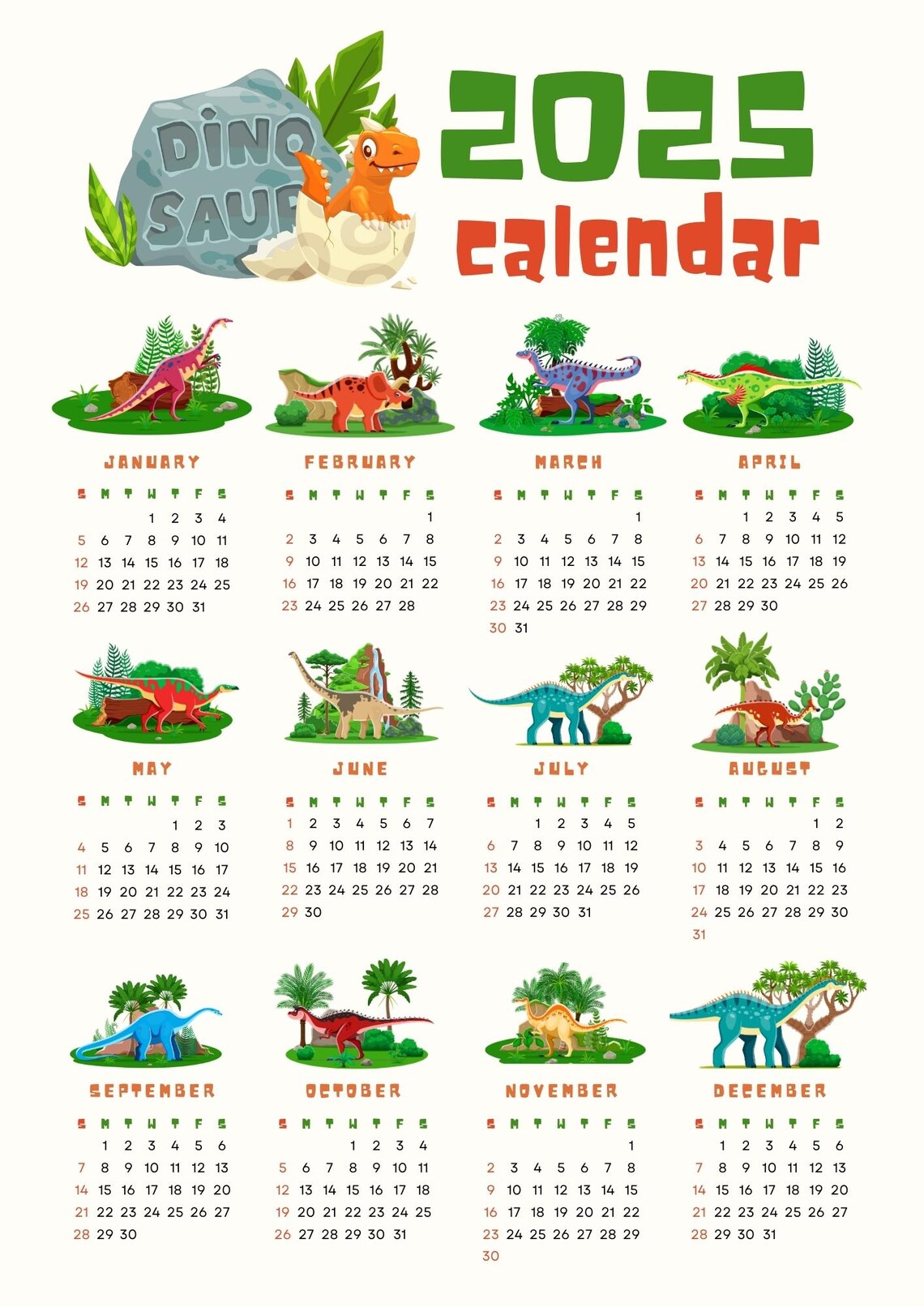 Dinosaur 2025 Calendar: Fun Kids Printable Planner (PDF) - Etsy