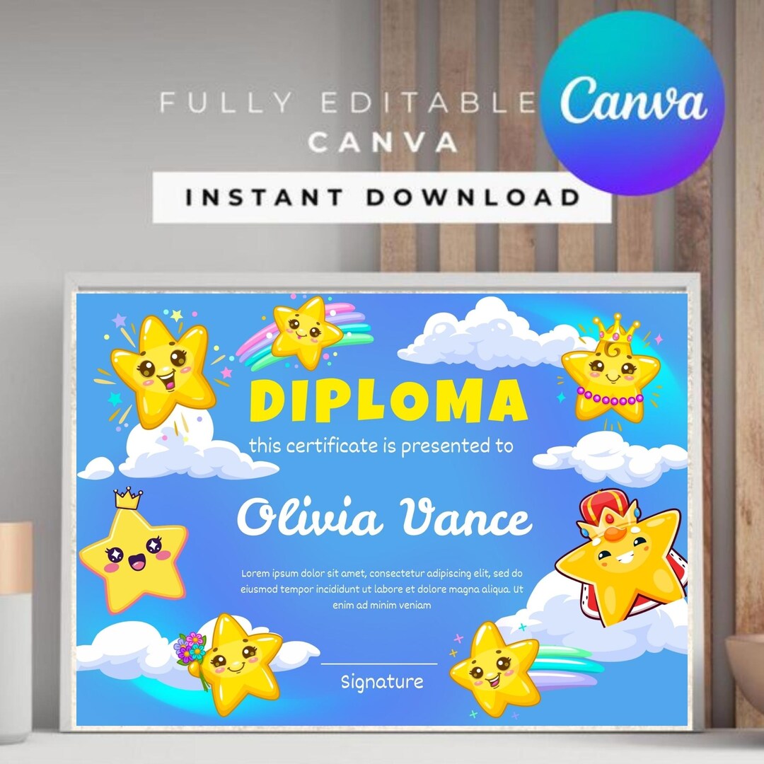 Editable Kids Diploma Certificate Printable Cute Star Theme Reward ...