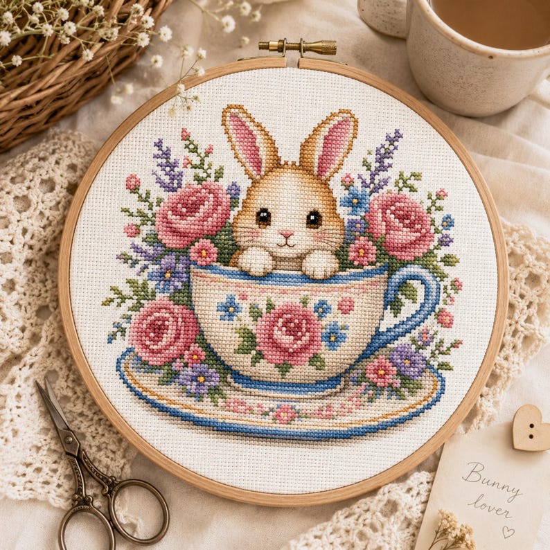 Lapin tasse de thé au point de croix motif PDF, grille de broderie ...