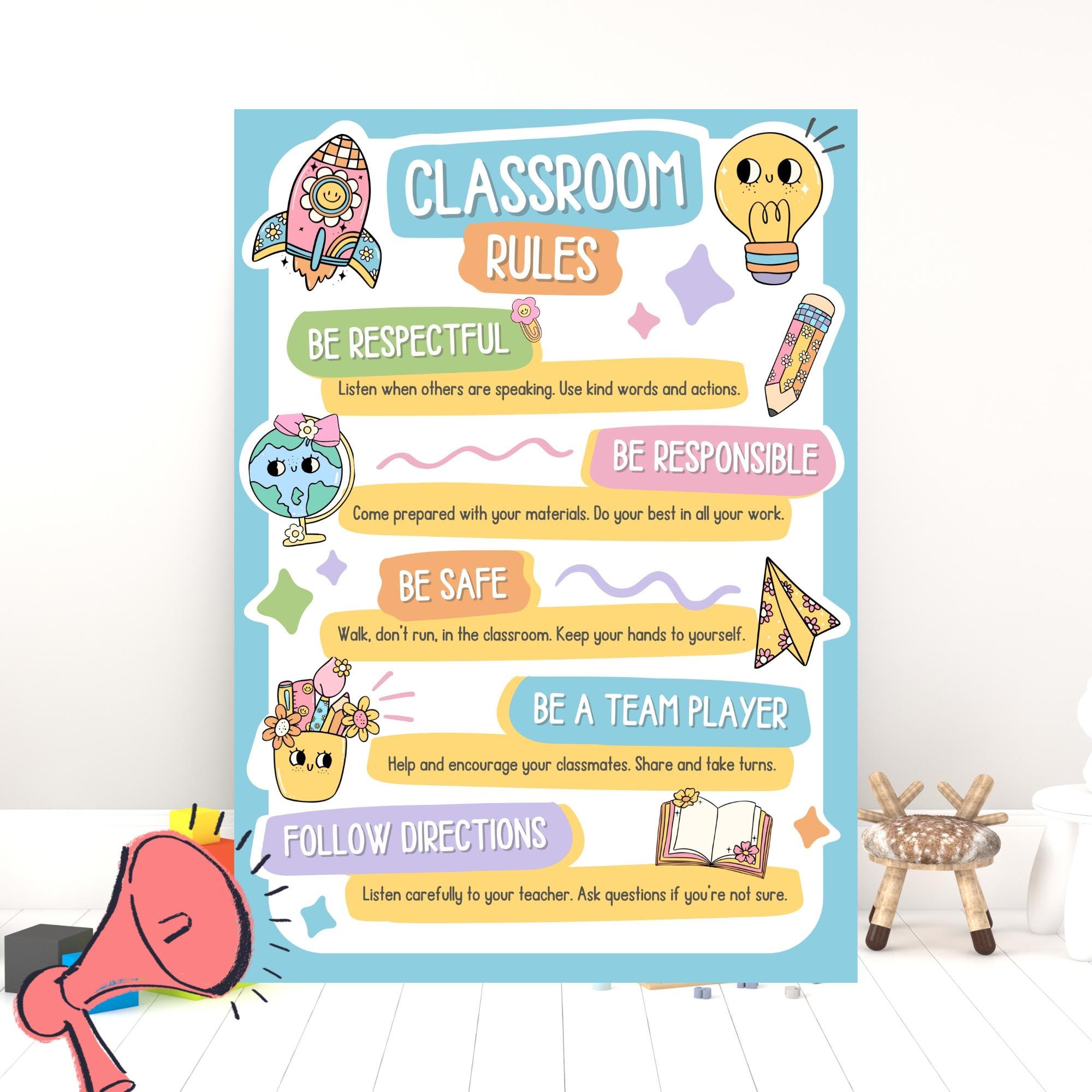 Colorful Classroom Rules Poster for Kids, Cute Motivational Wall Art ...