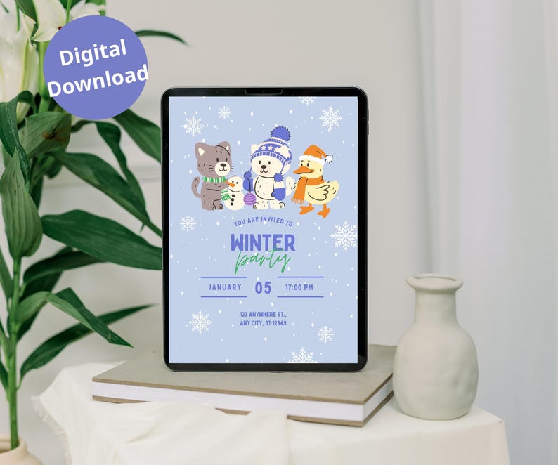 Winter Party Invitation Cute Kids Snow Theme With Animals ...