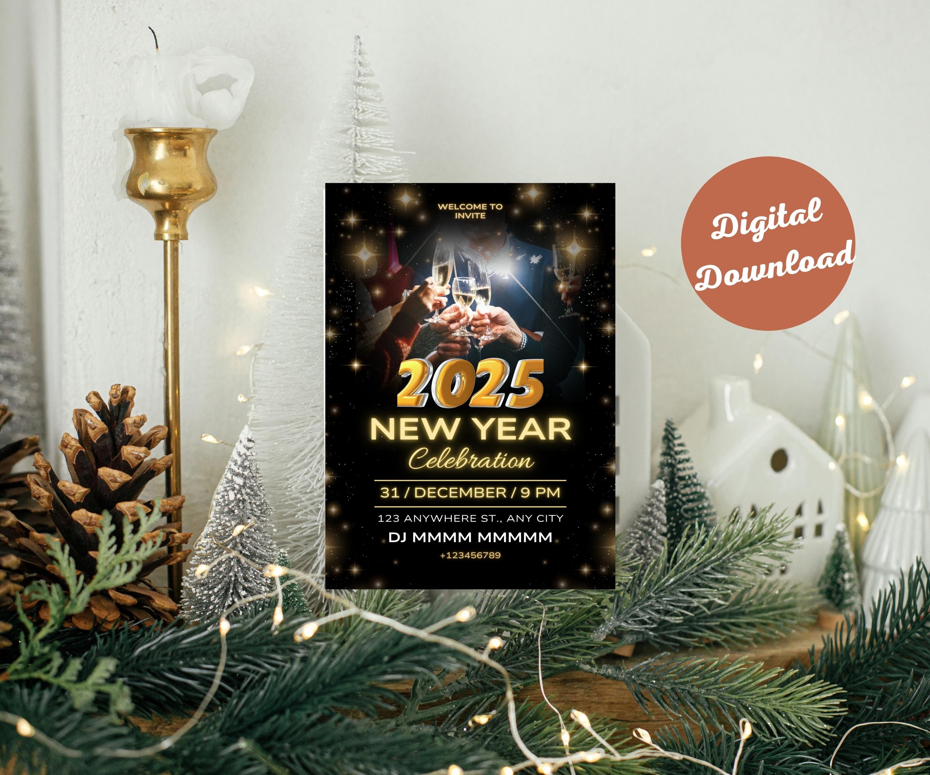 2025 New Year Party Invitation Glamorous Black and ...