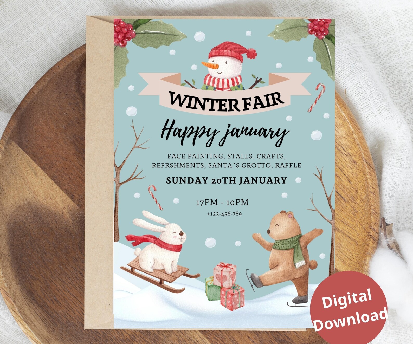 Winter Fair Invitation Flyer: Watercolor Animals, Editable Canva ...