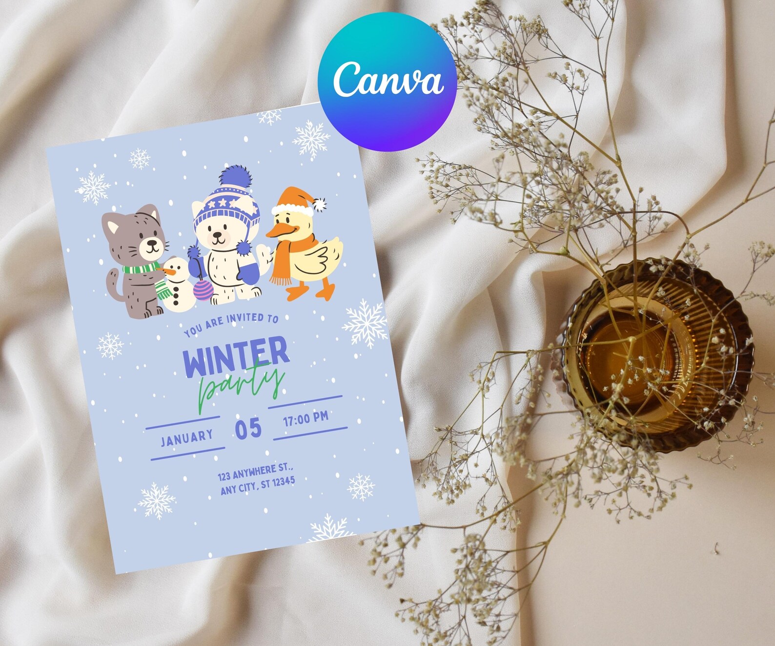 Winter Party Invitation Cute Kids Snow Theme With Animals ...