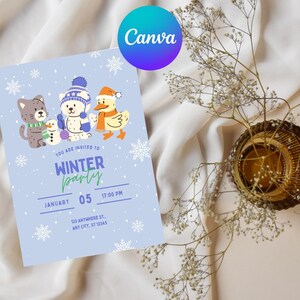 Winter Party Invitation Cute Kids Snow Theme With Animals ...