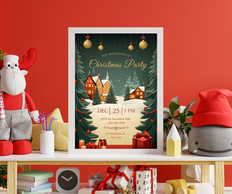Festive Christmas Party Invitation: Winter Village Design (digital ...
