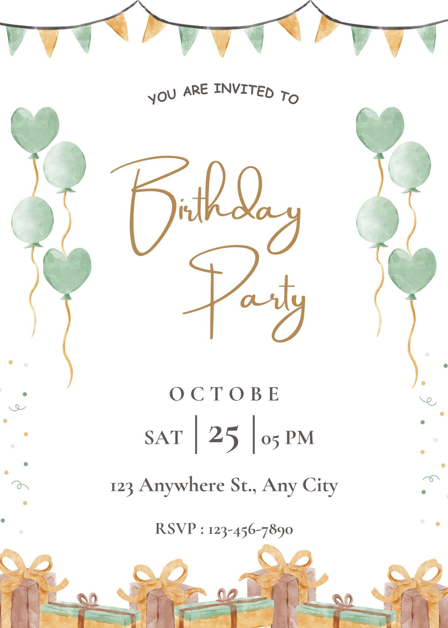 Elegant Green & Gold Birthday Party Invitation Watercolor Birthday ...