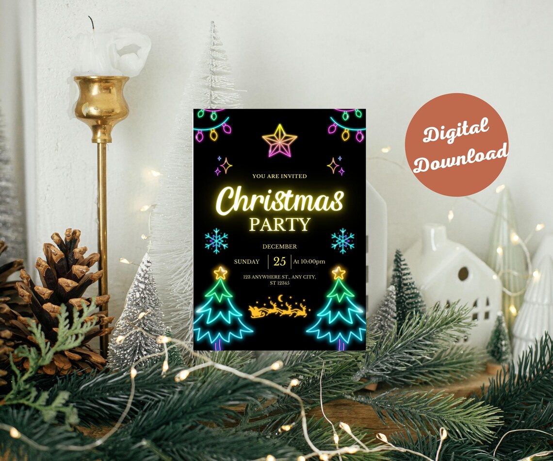 Neon Glow Christmas Party Invitation | Festive Holiday Event Flyer ...