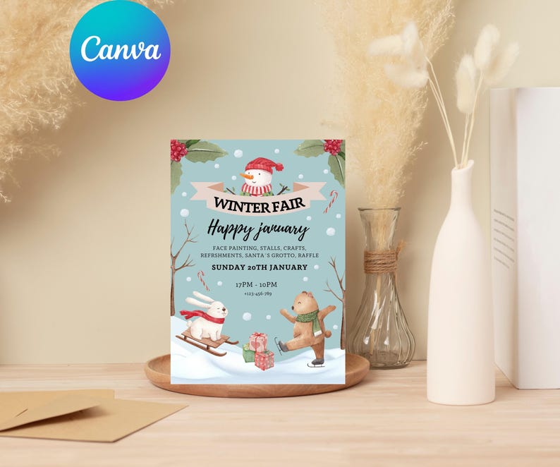 Winter Fair Invitation Flyer: Watercolor Animals, Editable Canva ...