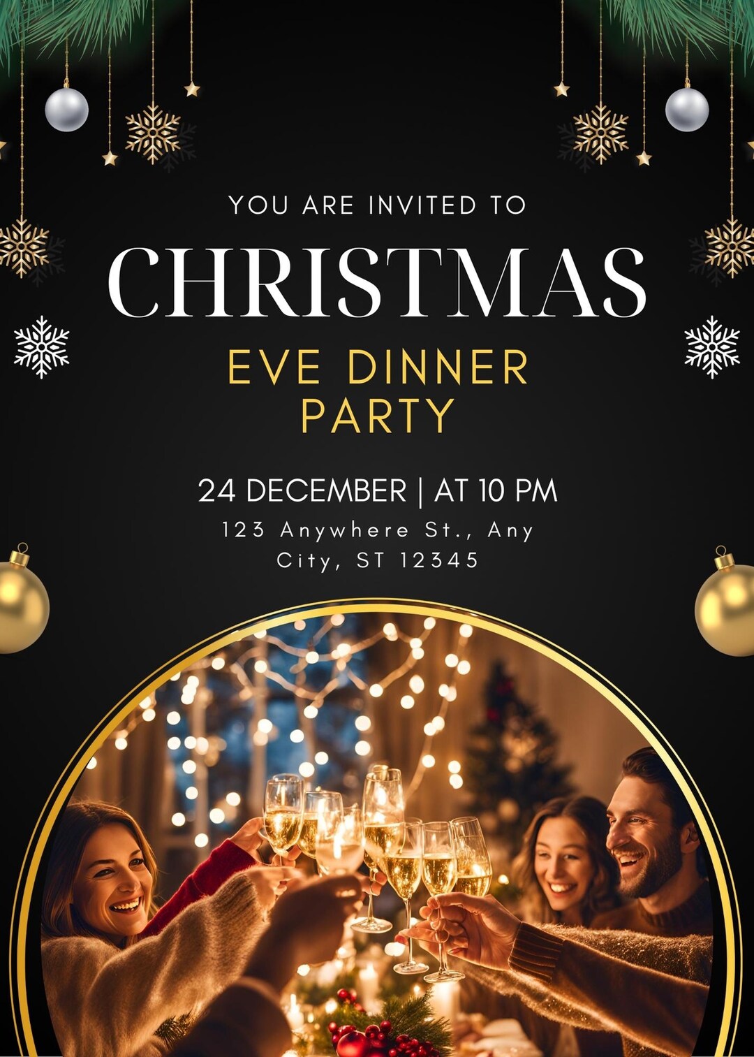 Elegant Black Christmas Eve Dinner Party Invitation Christmas Dinner ...