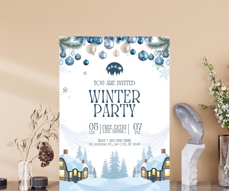 Winter Wonderland Party Invitation: Elegant Blue Holiday Design ...