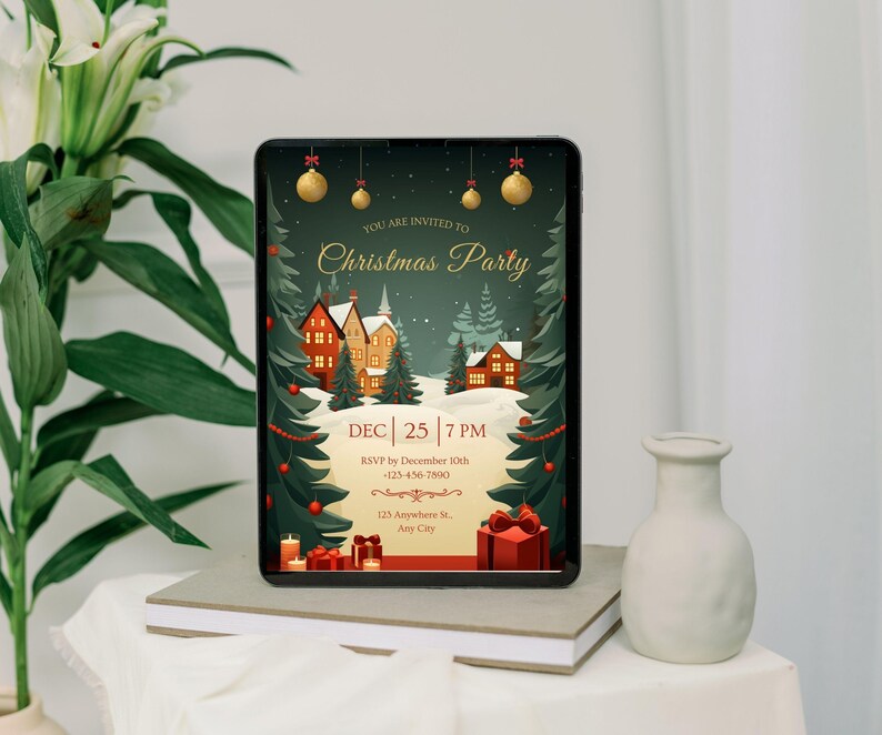 Festive Christmas Party Invitation: Winter Village Design (digital ...