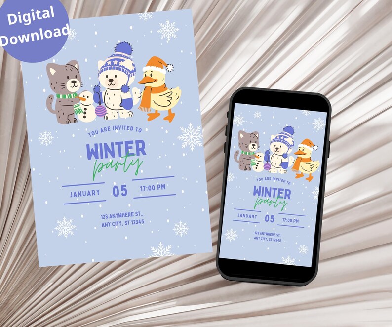 Winter Party Invitation Cute Kids Snow Theme With Animals Winterpartyinvitation,kidspartyinvite ...