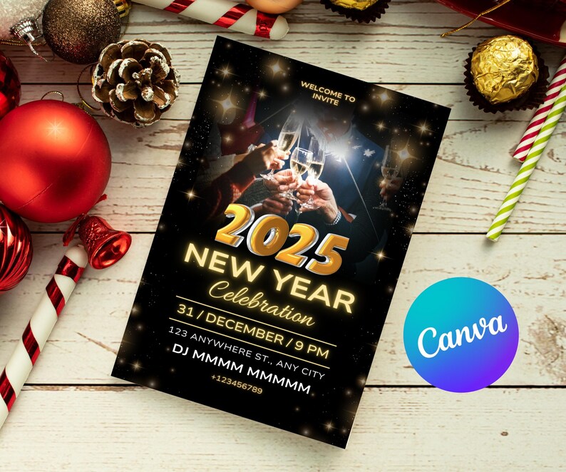 2025 New Year Party Invitation Glamorous Black and ...