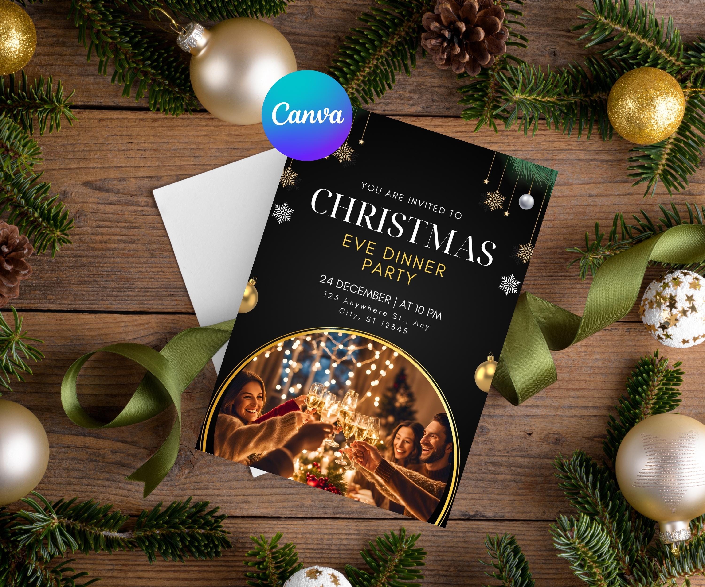 Elegant Black Christmas Eve Dinner Party Invitation Christmas Dinner ...