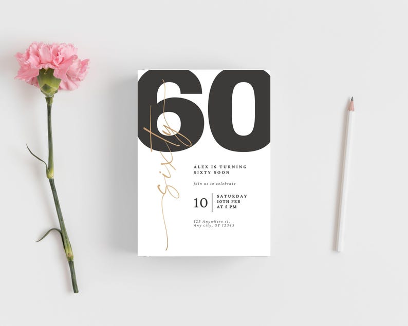 Elegant 60th Birthday Invitation With Gold Calligraphy Sixty Birthday ...