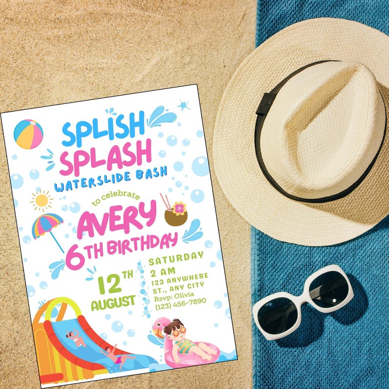 Colorful Waterslide Birthday Invitation for Kids, Pool Party Splish Splash Bash Invite for Girl ...