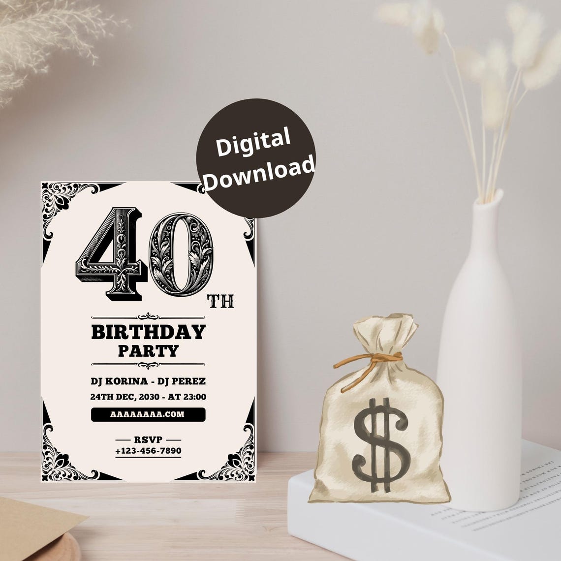 Vintage 40th Birthday Party Invitation-elegant Cream & Black Design ...