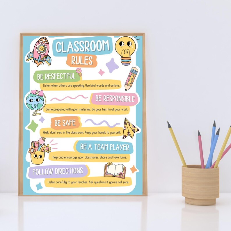 Colorful Classroom Rules Poster for Kids, Cute Motivational Wall Art ...