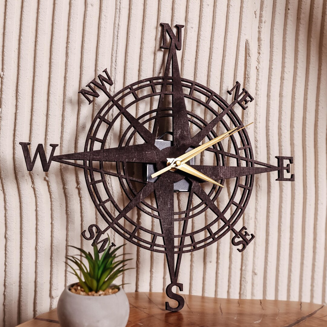 Compass Wall Clock, Wooden Silent Clock, Compass Rose Decor, Oversized ...