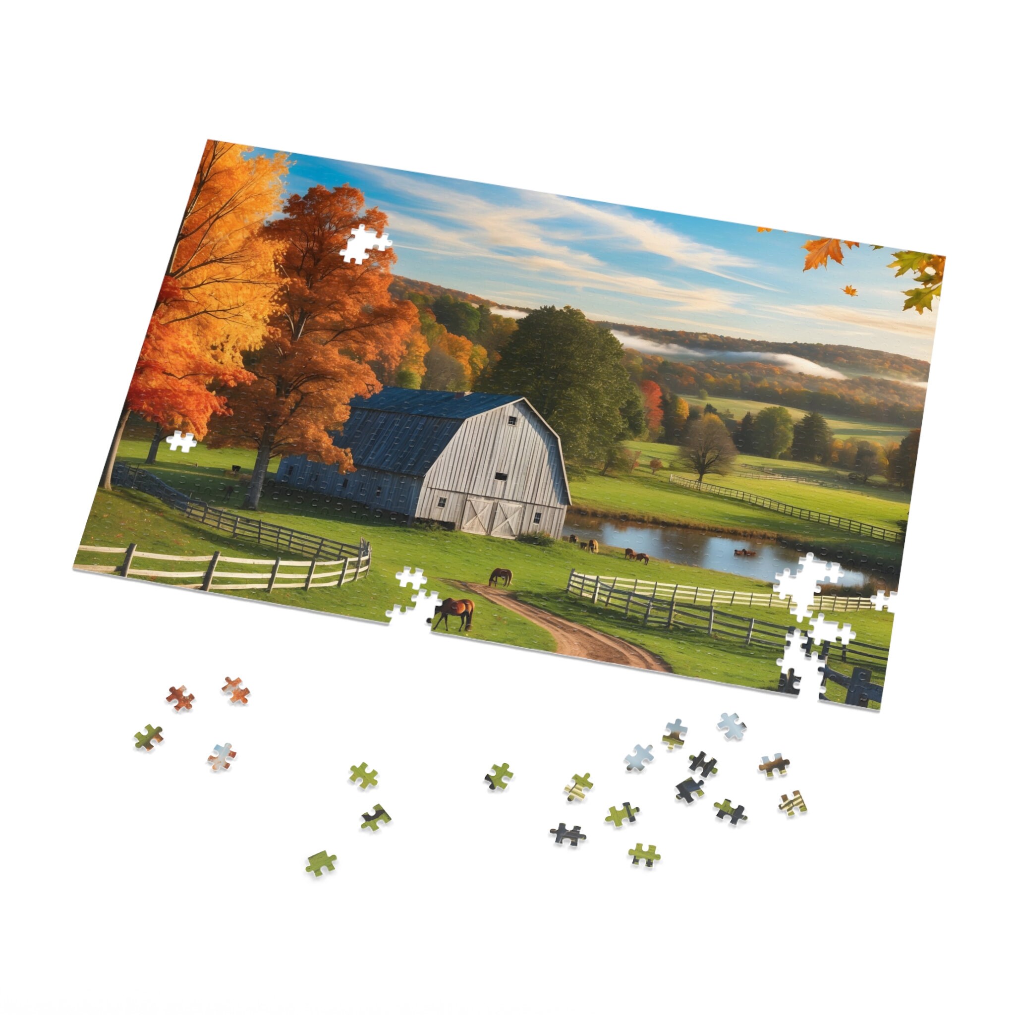 Barn Puzzle Country Farm Fall Foliage Jigsaw Farmhouse Horse Puzzle Red ...