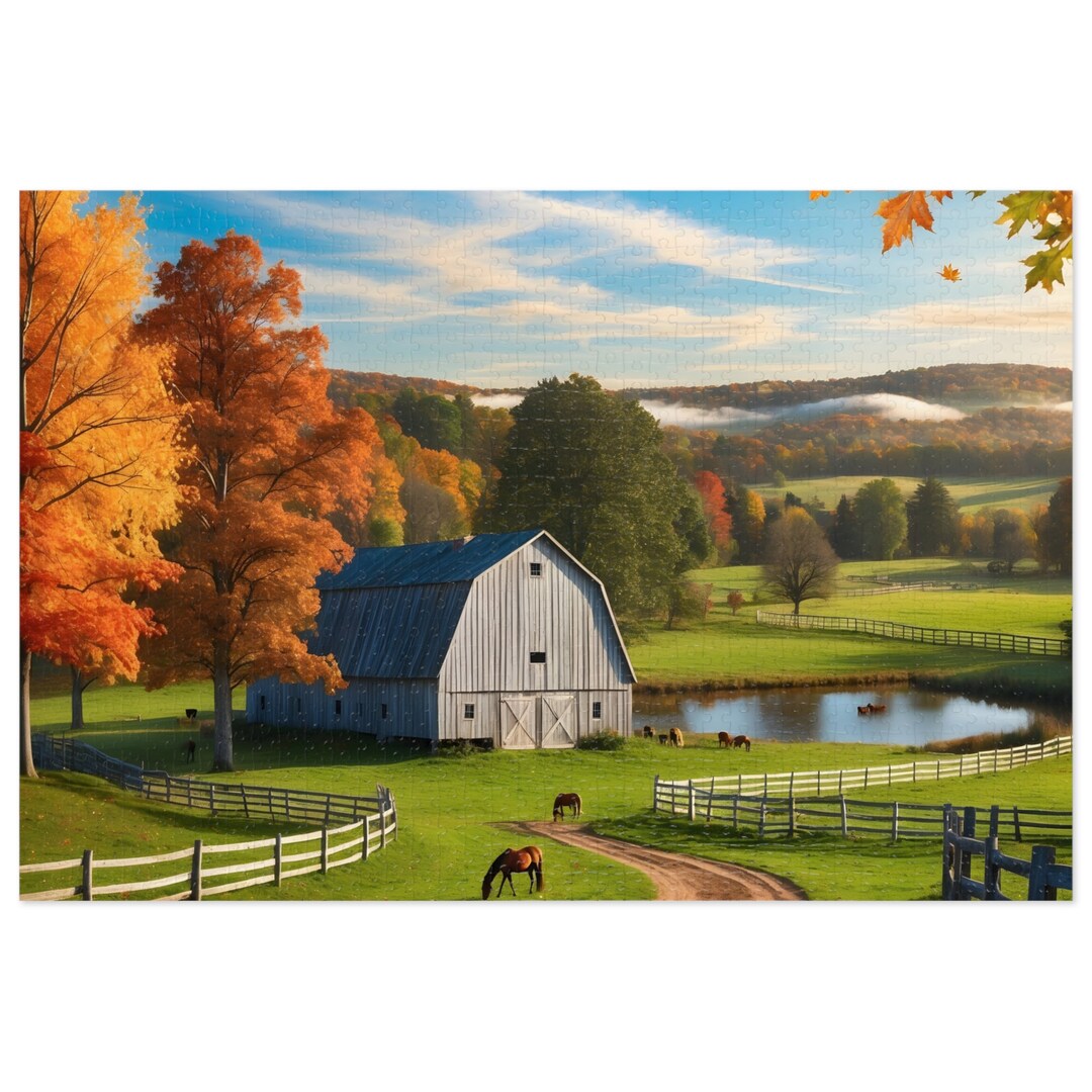 Barn Puzzle Country Farm Fall Foliage Jigsaw Farmhouse Horse Puzzle Red ...