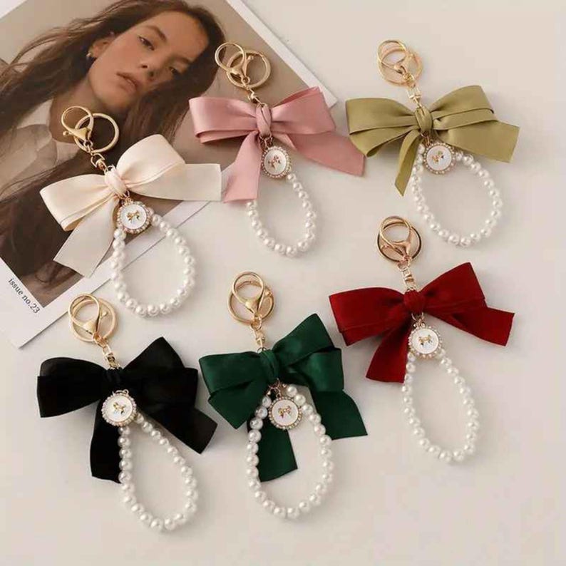 Bow Pearl Keychain, Minimalist Ribbon Bag Charm, Gift for Her - Etsy