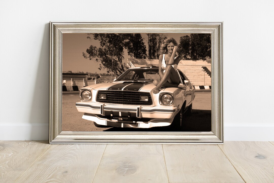Farrah Fawcett & mustang Cobra gerahmte Wandkunst, schwarz weiß oder ...