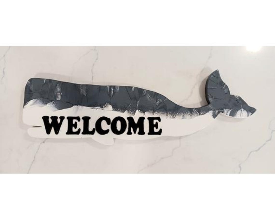 Whale Welcome Sign 23"x6", Painted Wood Coastal Nautical Wall Decor ...