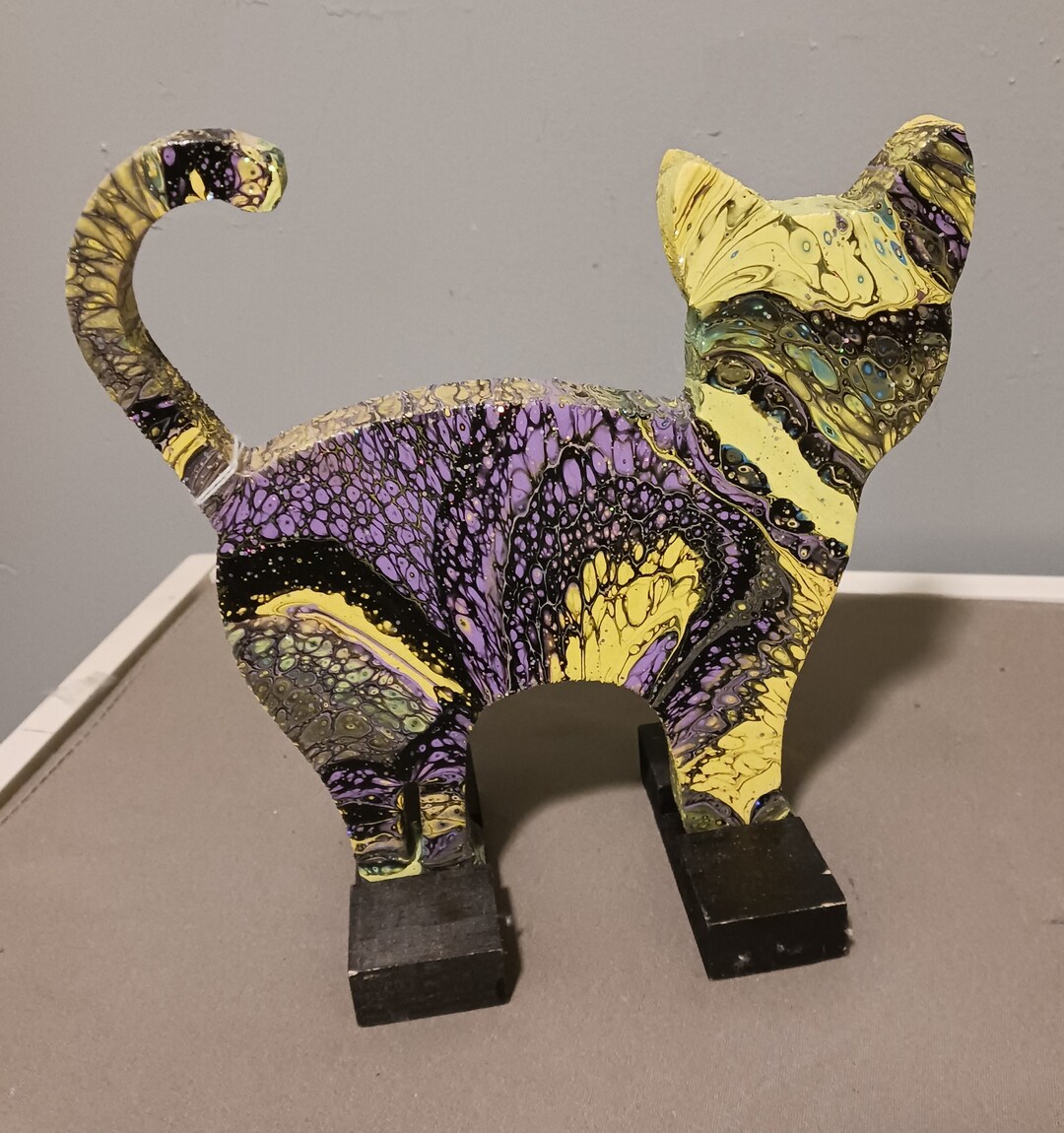 Painted Wood Standing Purple Yellow and Black Cat - Etsy