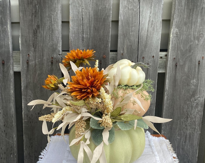 Fall Centerpiece, Sage Green Pumpkin, Rust and Creme Colors - Etsy
