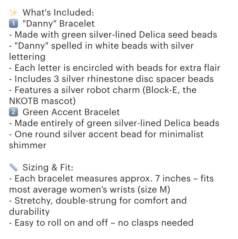 NKOTB Danny Wood Beaded Bracelet Set: Green Delica Beads, Robot Charm ...