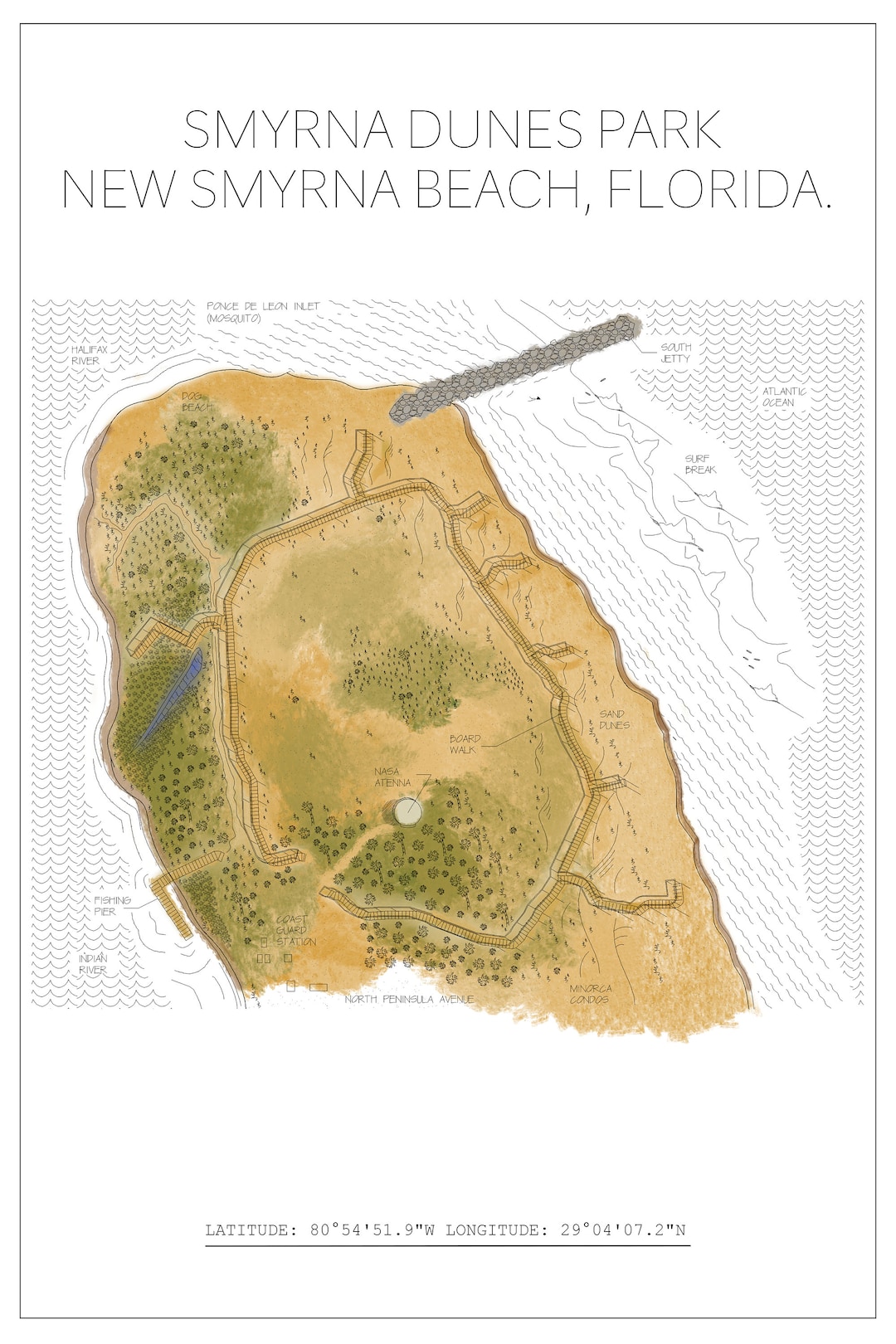 Map of New Smyrna Beach Dunes Park Ponce Inlet Florida - Etsy
