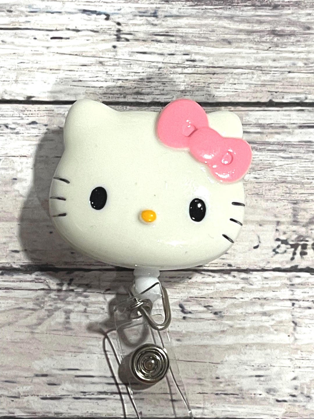 Hello Cutie Cat With Light Pink Bow Retractable Badge Reel, ID Name ...