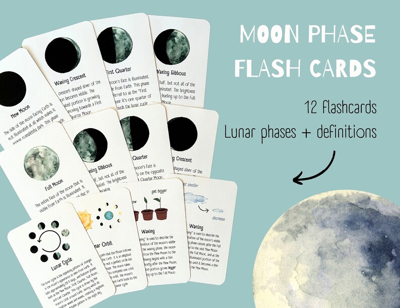 Printable Moon Phase Flashcards | Lunar Phase Flashcards for Kids - Etsy