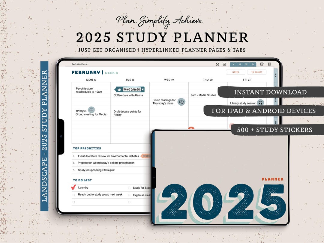 2025 Dated Digital Study Planner: Hyperlinked Planners, Monthly Planner ...