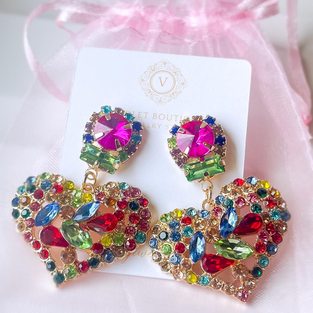 Big Heart Earrnings, Big Multicolor Earrings, Rhinestones Earrings ...
