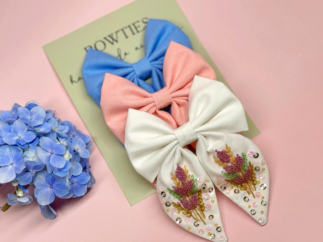 Hand Embroidered Hair Bows for Little Girls Floral French Barrettes ...