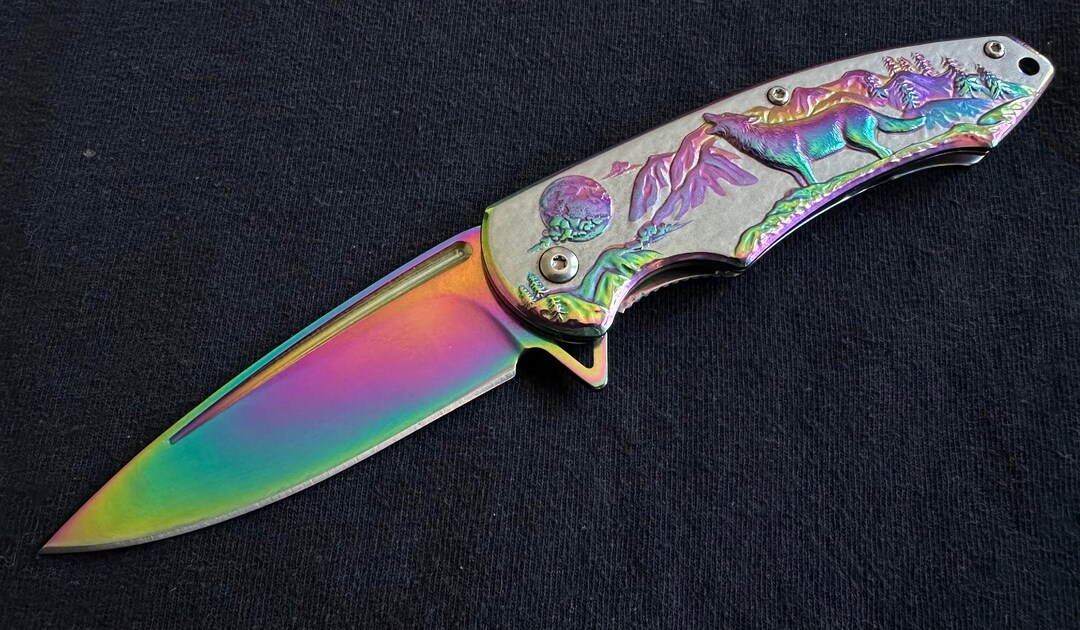 Wolf Pocket Knife Howling Moon Full Size Pocket Knife Metal Handle ...